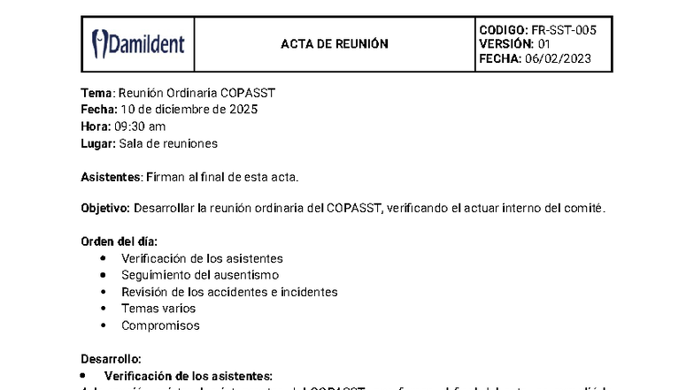 Acta de Reunión Ordinaria COPASST - Diciembre 2025 - Studocu