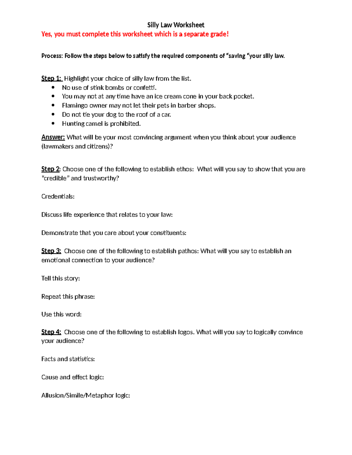 Brainstorming Silly Law Worksheet - Silly Law Worksheet Yes, you must ...