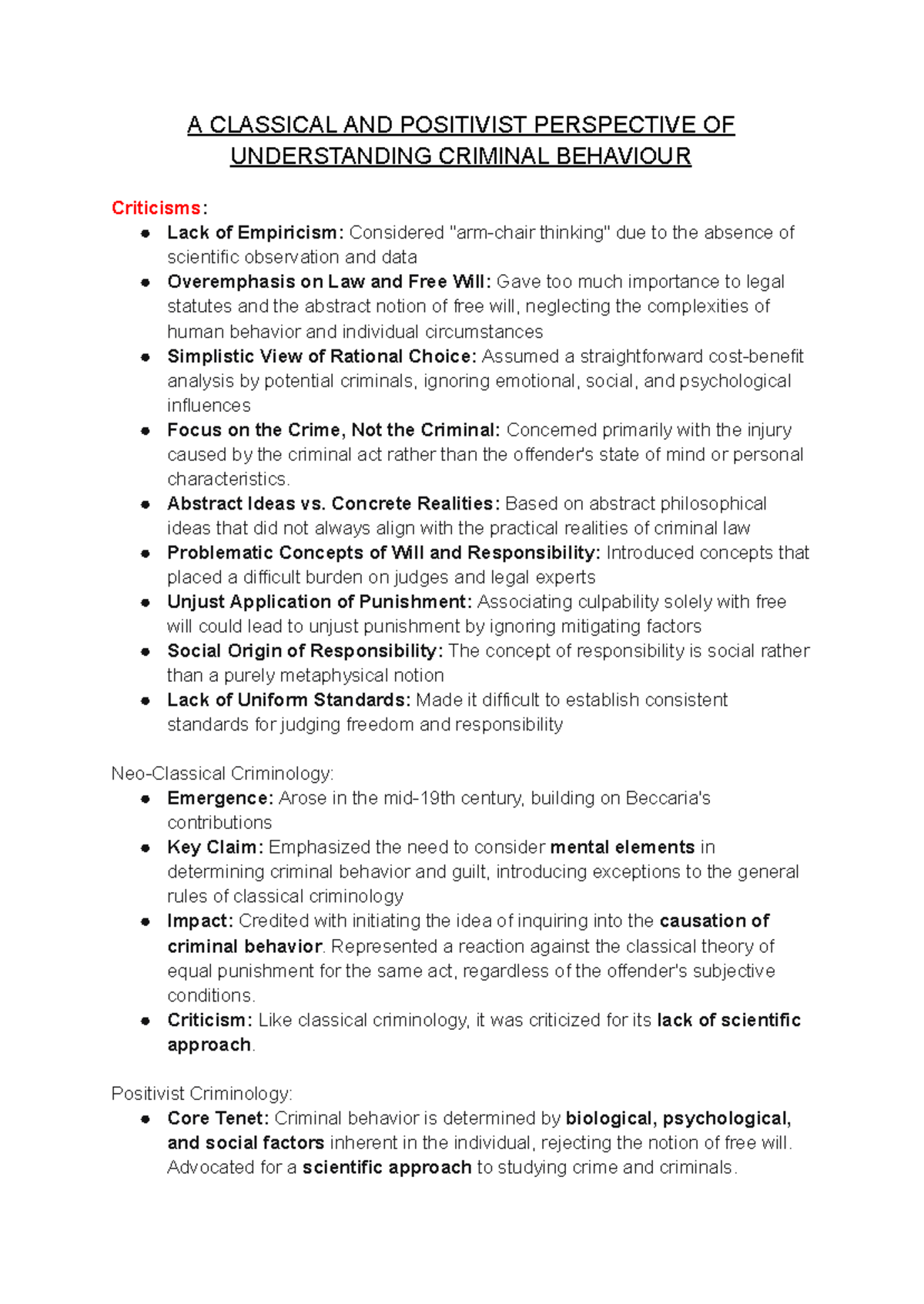 Classical & Positivist Perspectives in Criminal Behavior Analysis - Studocu