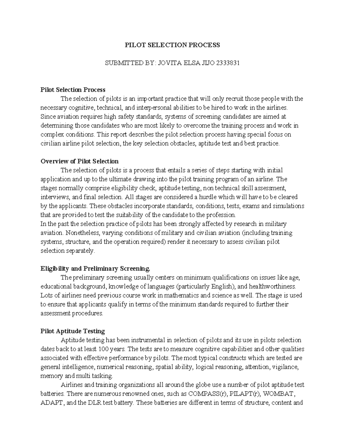 Pilot Selection Process: Best Practices and Innovations - 2333831 - Studocu