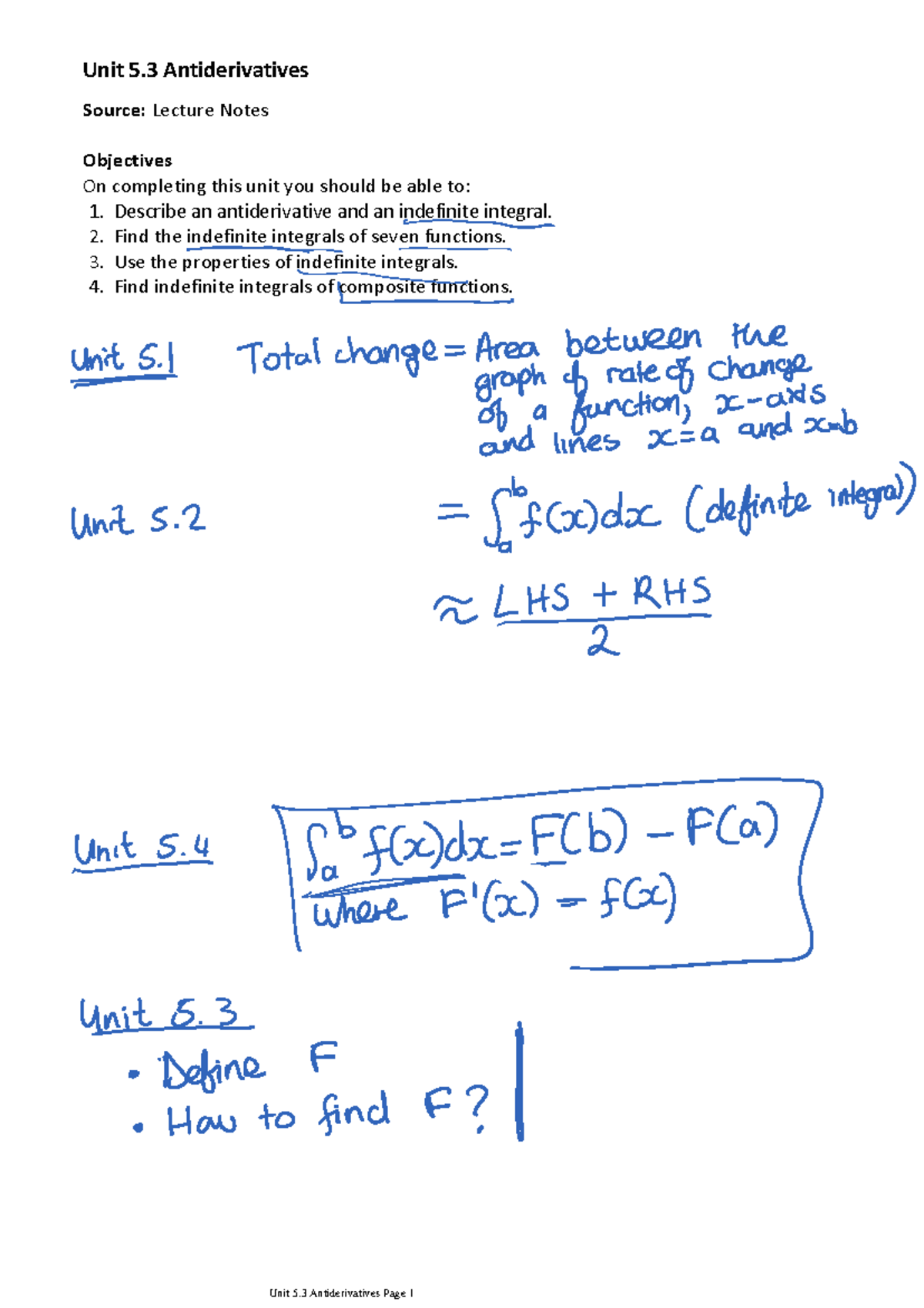 Unit 5.3 Antiderivatives: Lecture Notes & Key Concepts - Studocu