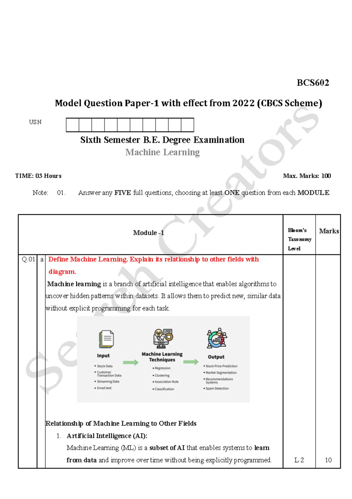 BCS602 Machine Learning Model Question Paper (2022) - Solved Exam Guide - Studocu