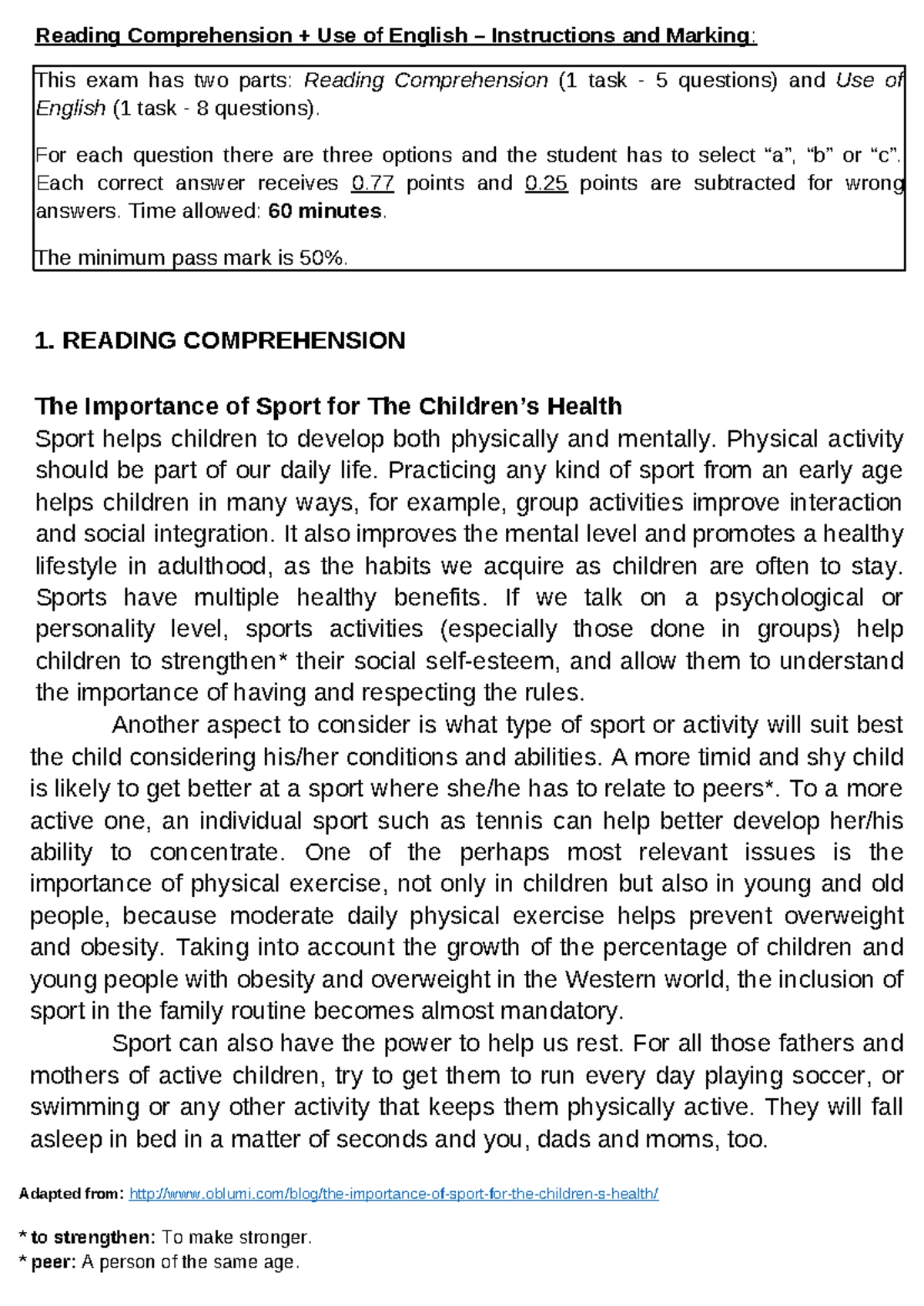 Reading Comprehension Practice - Sports Exam (Part 1) - Studocu