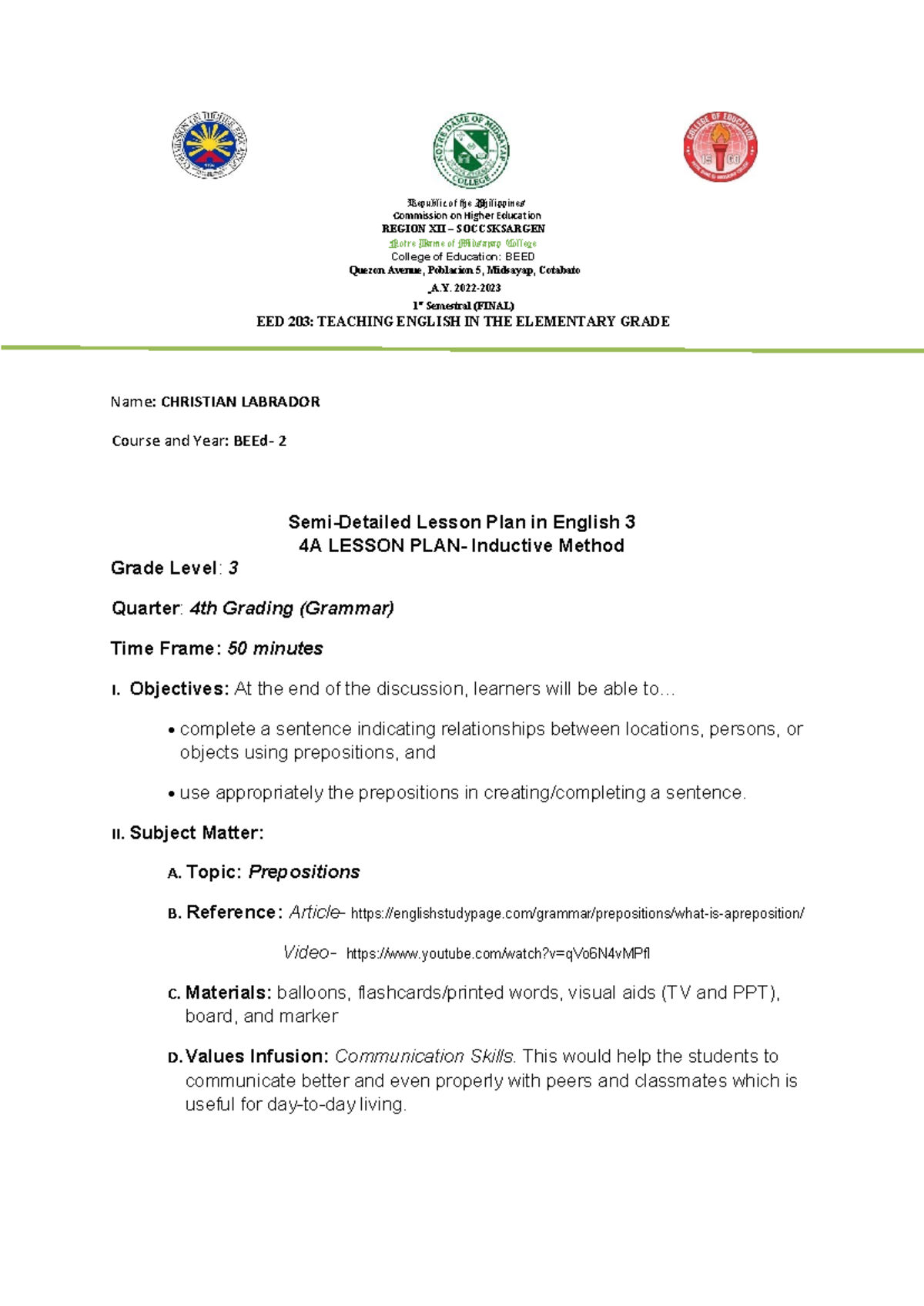 EED 203: Final Lesson Plan on Prepositions for Grade 3 by C. Labrador ...