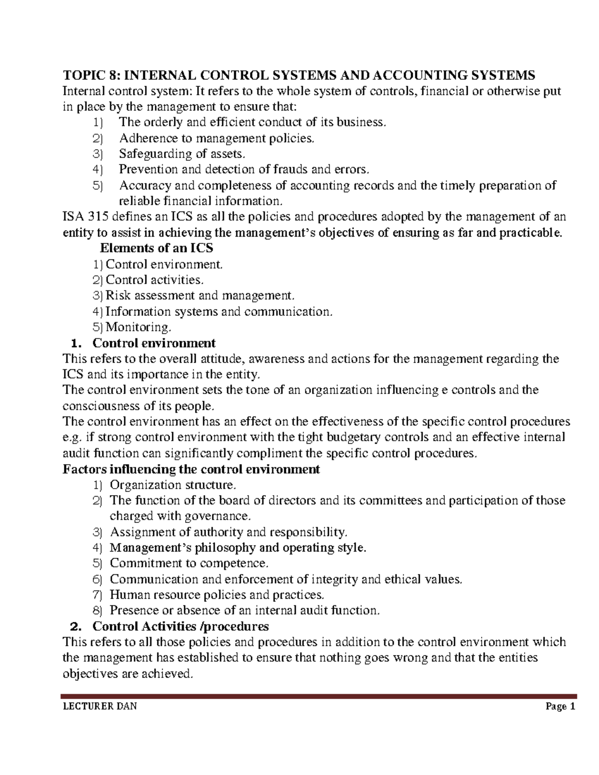 Topic 8: Internal Control Systems & Accounting Systems Overview - Studocu