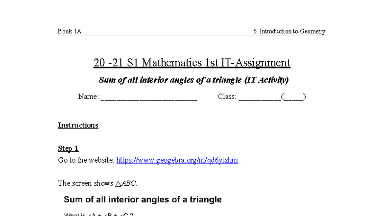 F1 Mathematics 1st S1: Interior Angles of a Triangle IT Activity - Studocu