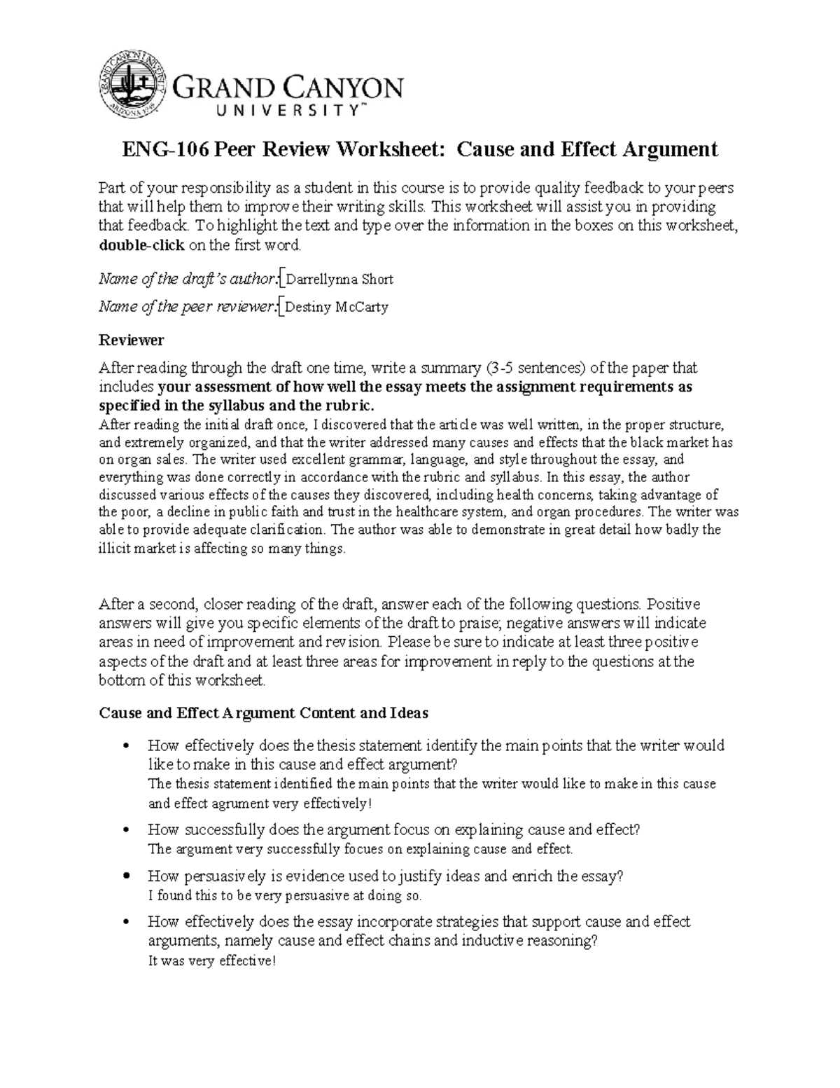 ENG-106 Cause and Effect Argument Peer Review Worksheet - Studocu