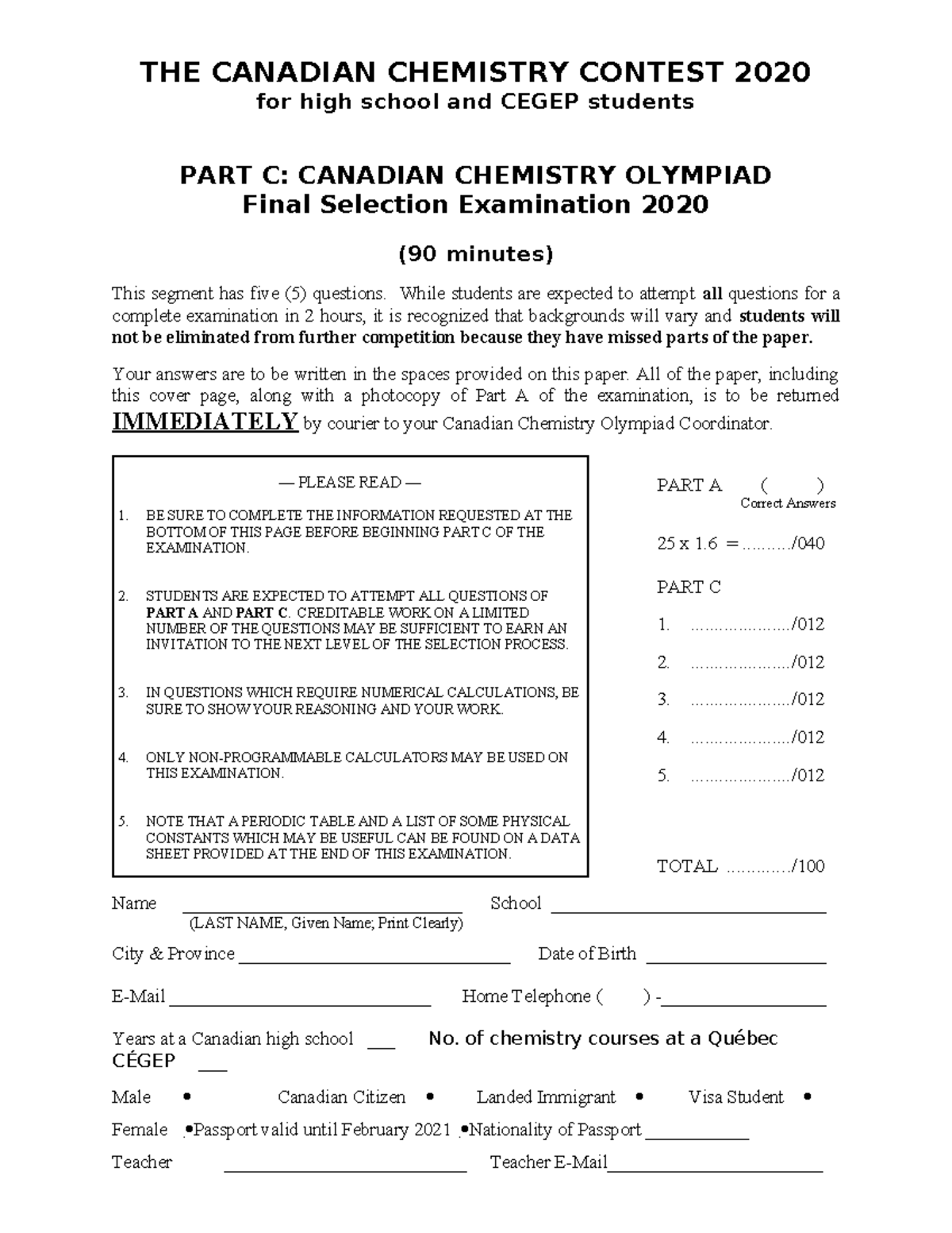 CCO 2020EN Final Selection Exam: Canadian Chemistry Olympiad Guide ...