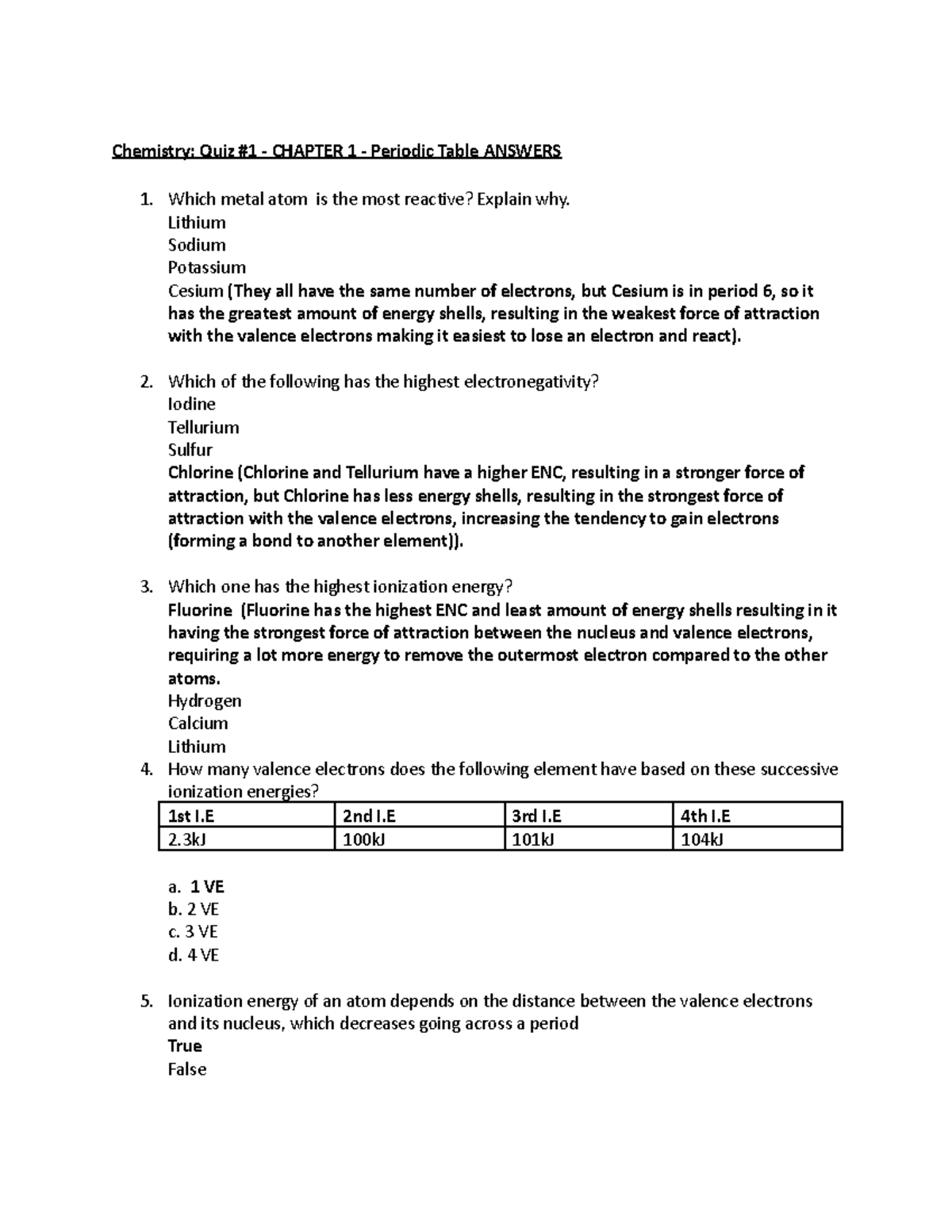 Chemistry: Quiz CH1 Periodic Table Answers & Explanations - Studocu