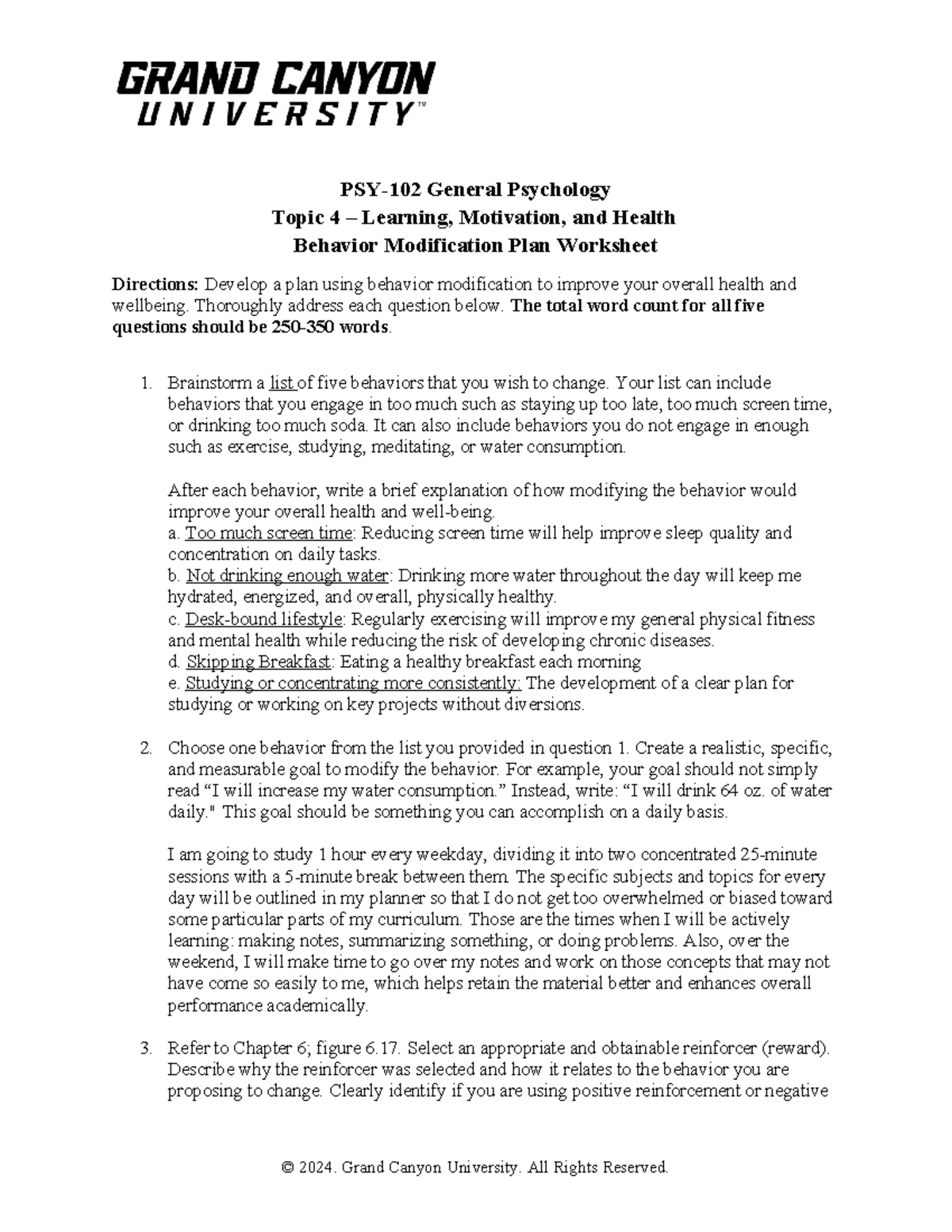 PSY 102 Behavior Mod. Plan - PSY-102 General Psychology Topic 4 – Learning, Motivation, and ...
