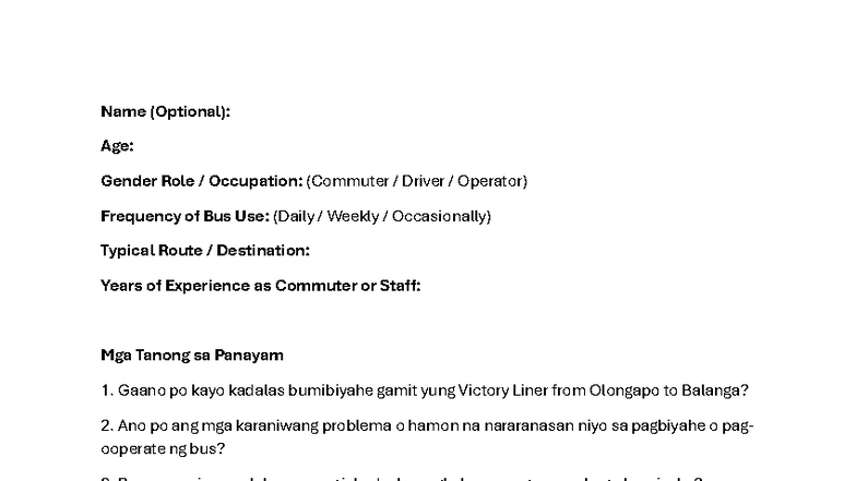 Mga Tanong sa Panayam - Name (Optional): Age: Gender Role / Occupation ...