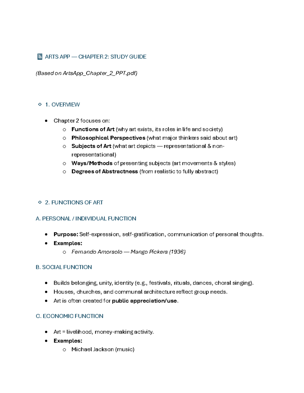 ARTS APP CHAPTER 2: FUNCTIONS AND SUBJECTS OF ART STUDY GUIDE - Studocu