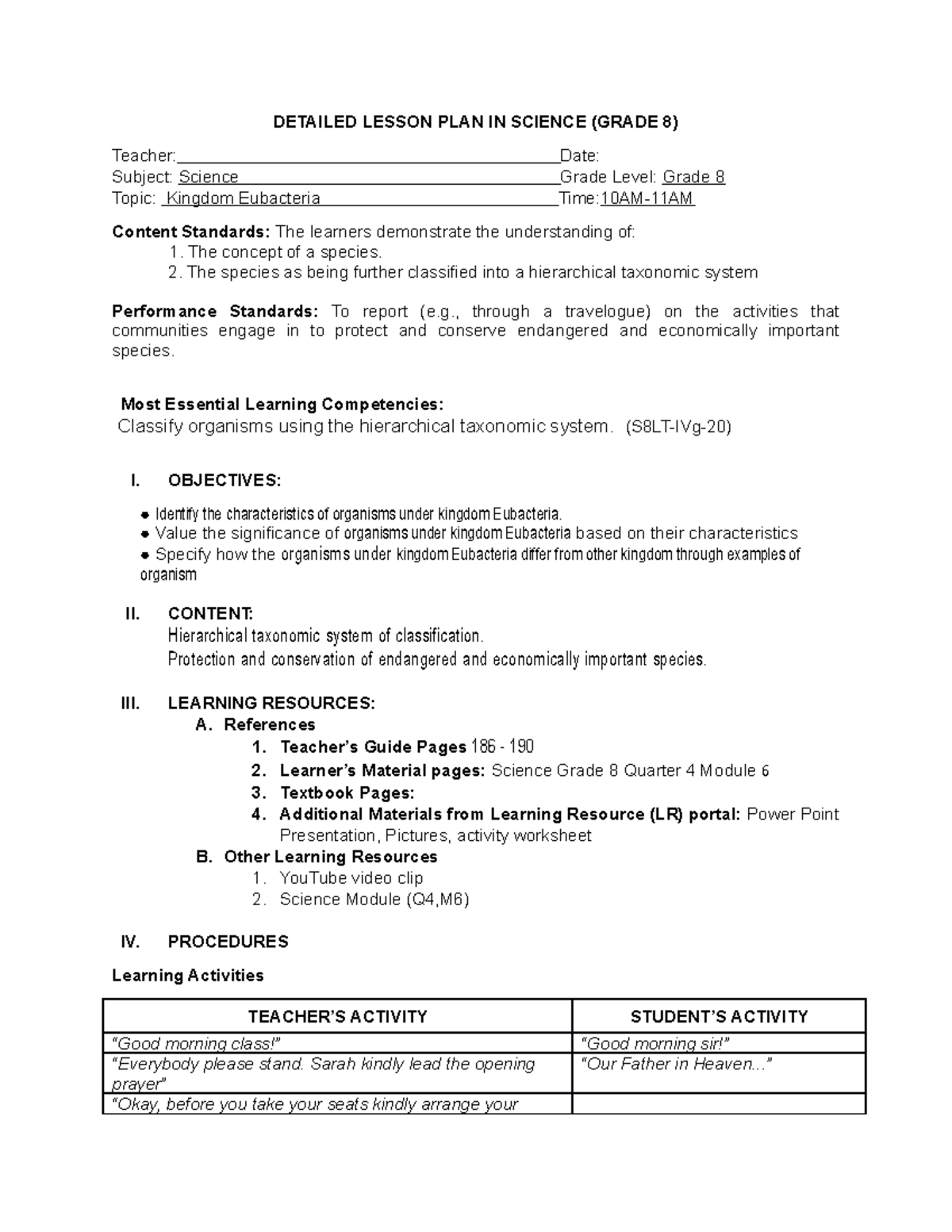 Grade 8 Science Lesson Plan: Kingdom Eubacteria Overview - Studocu