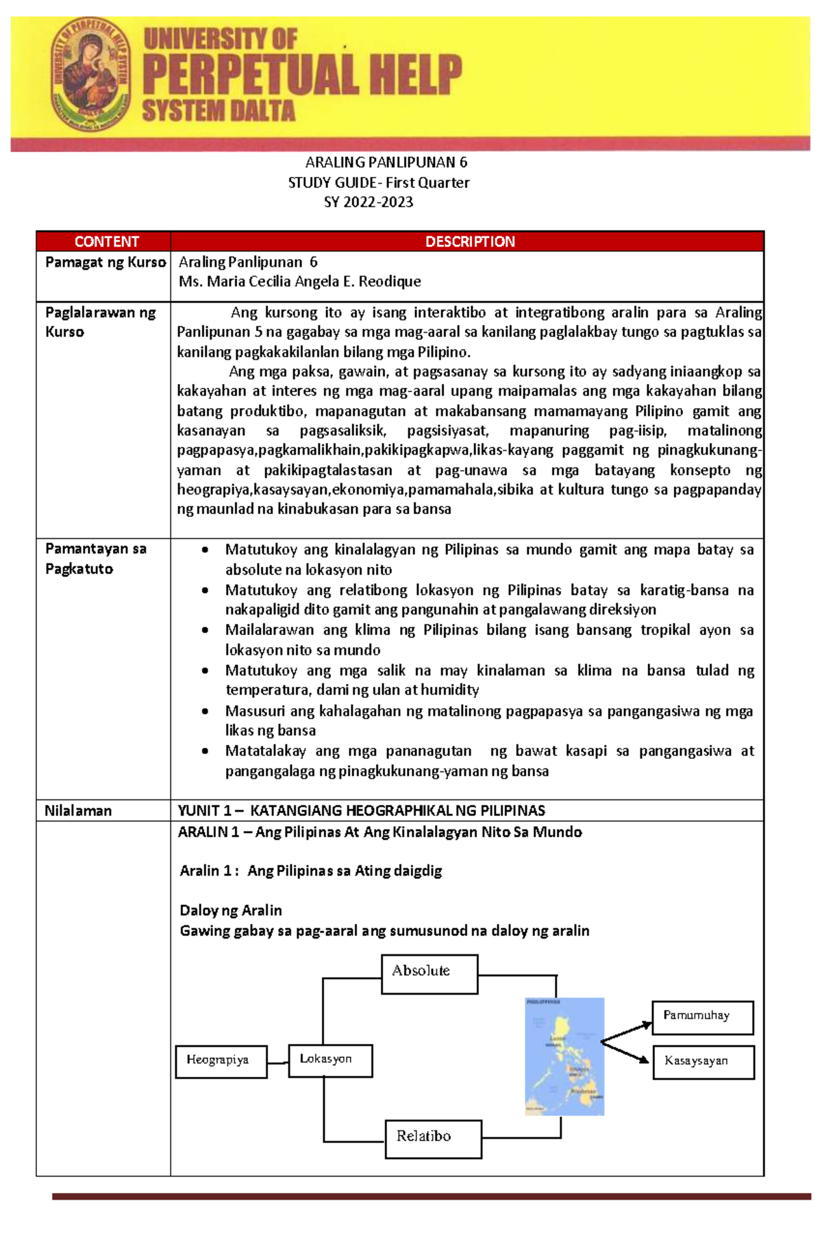AP 6- Study Guide - Unang Markahan: Heograpiya at Kasaysayan ng Pilipinas - Studocu
