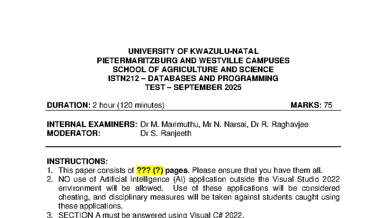 2025 ISTN212 Databases & Programming Test Solutions - Studocu