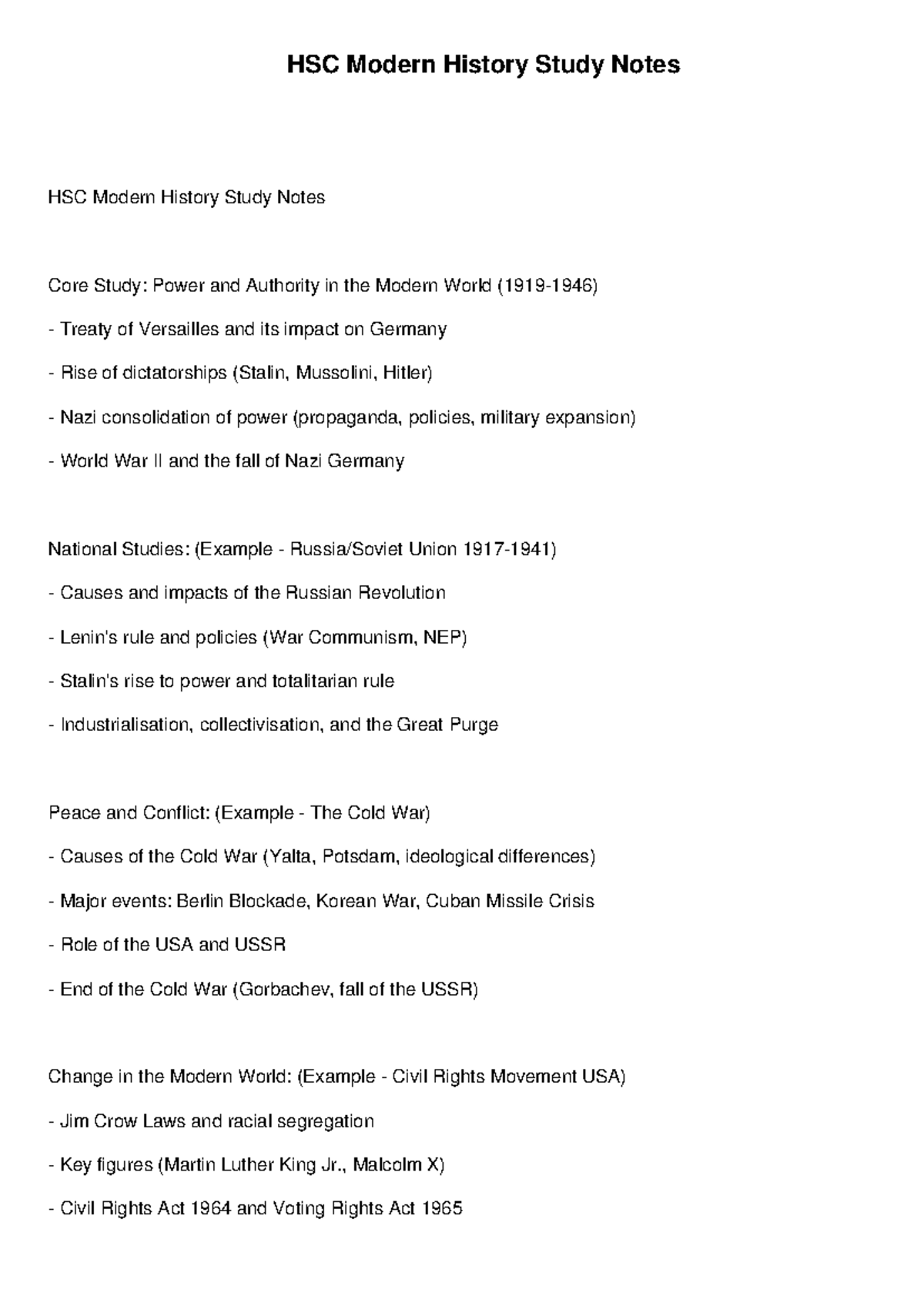 HSC Modern History Study Notes: Power, Conflict, and Change Analysis ...