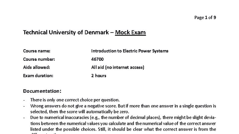 46700 E25 Mock Exam - Introduction to Electric Power Systems - Studocu