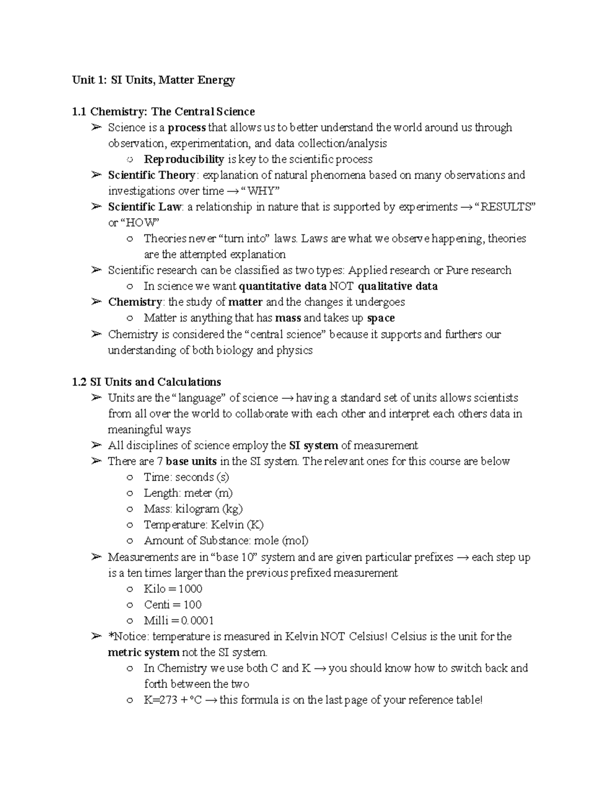 Chem 101: Unit 1 Cheat Sheet on SI Units and Measurement Concepts - Studocu