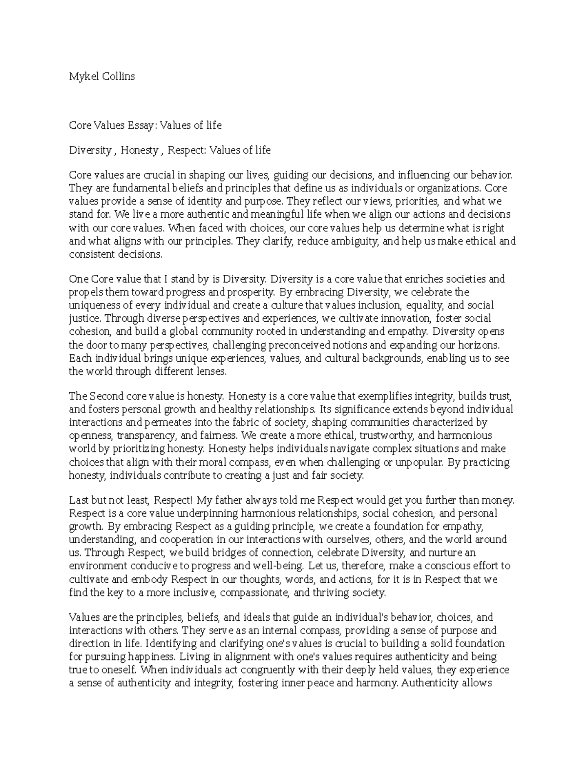 Core Value WRTG 111.edited - Mykel Collins Core Values Essay: Values of ...