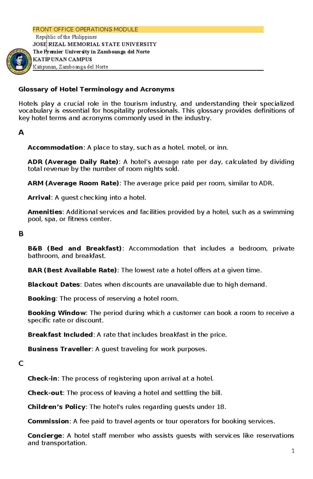 FRONT OFFICE OPERATIONS MODULE: Glossary of Hotel Terminology - Studocu