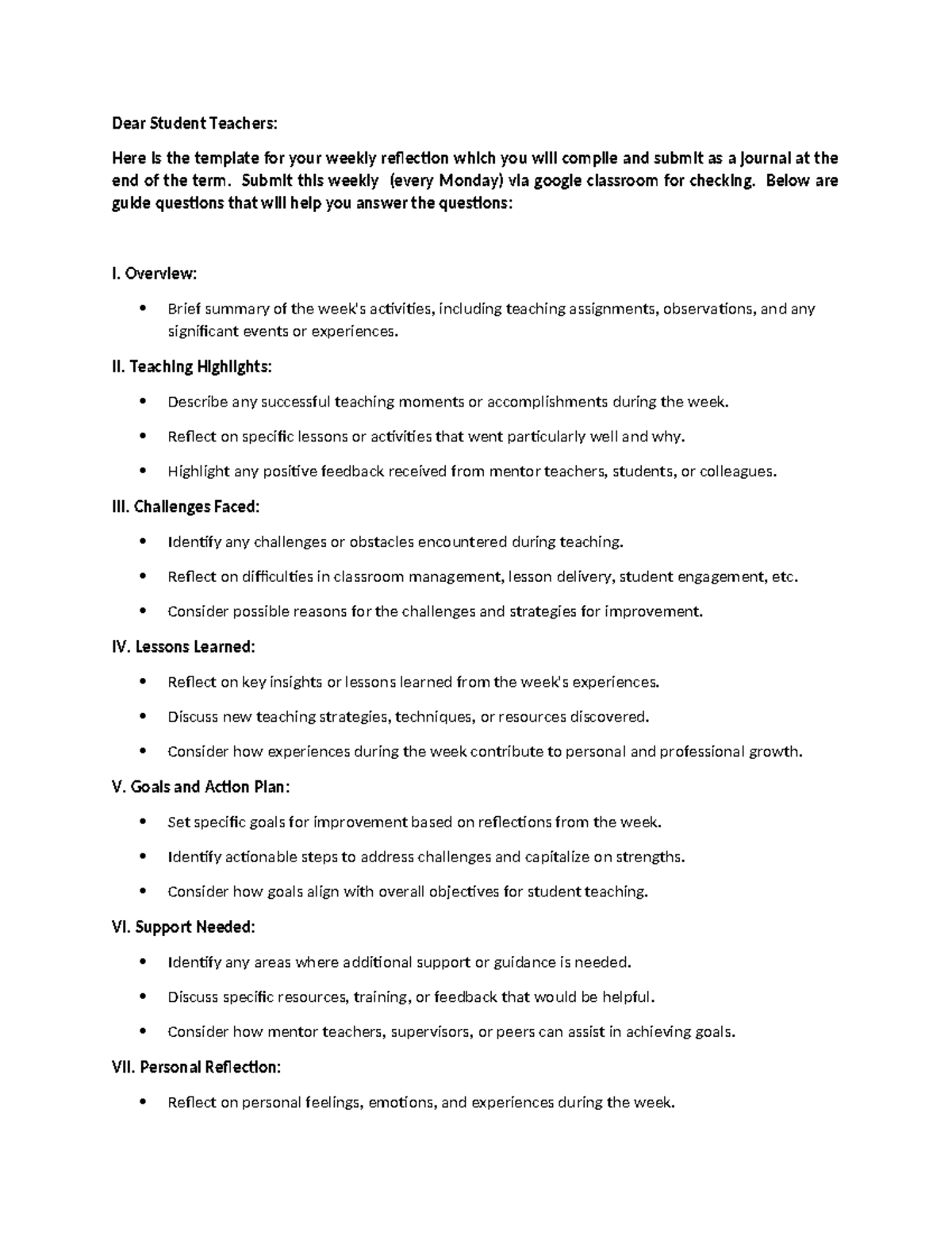 Weekly Reflection Template for Student Teachers - Studocu
