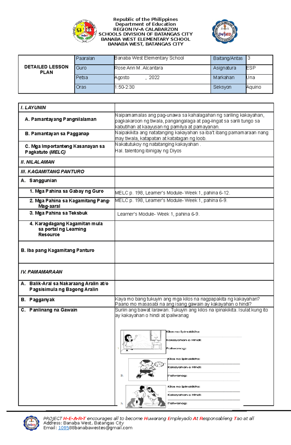 DLP Q1W1 ESP3 - Lesson Plan on Personal Abilities and Talents - Studocu