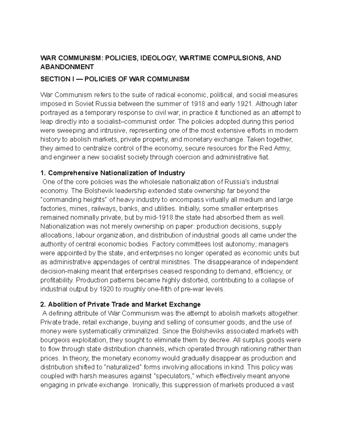 WAR COMMUNISM: POLICIES, IDEOLOGY, AND EMERGENCY CONTEXT - Studocu