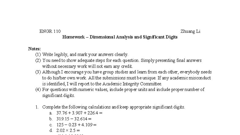 ENGR 110 Homework: Dimensional Analysis & Significant Digits Notes ...