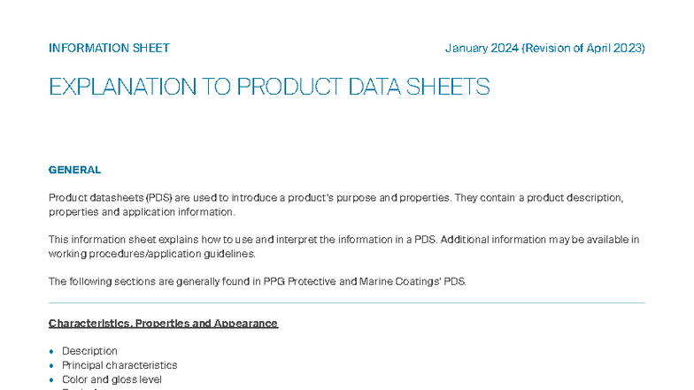 PPG - Explanation to Product Data Sheets (PDS) January 2024 - Studocu