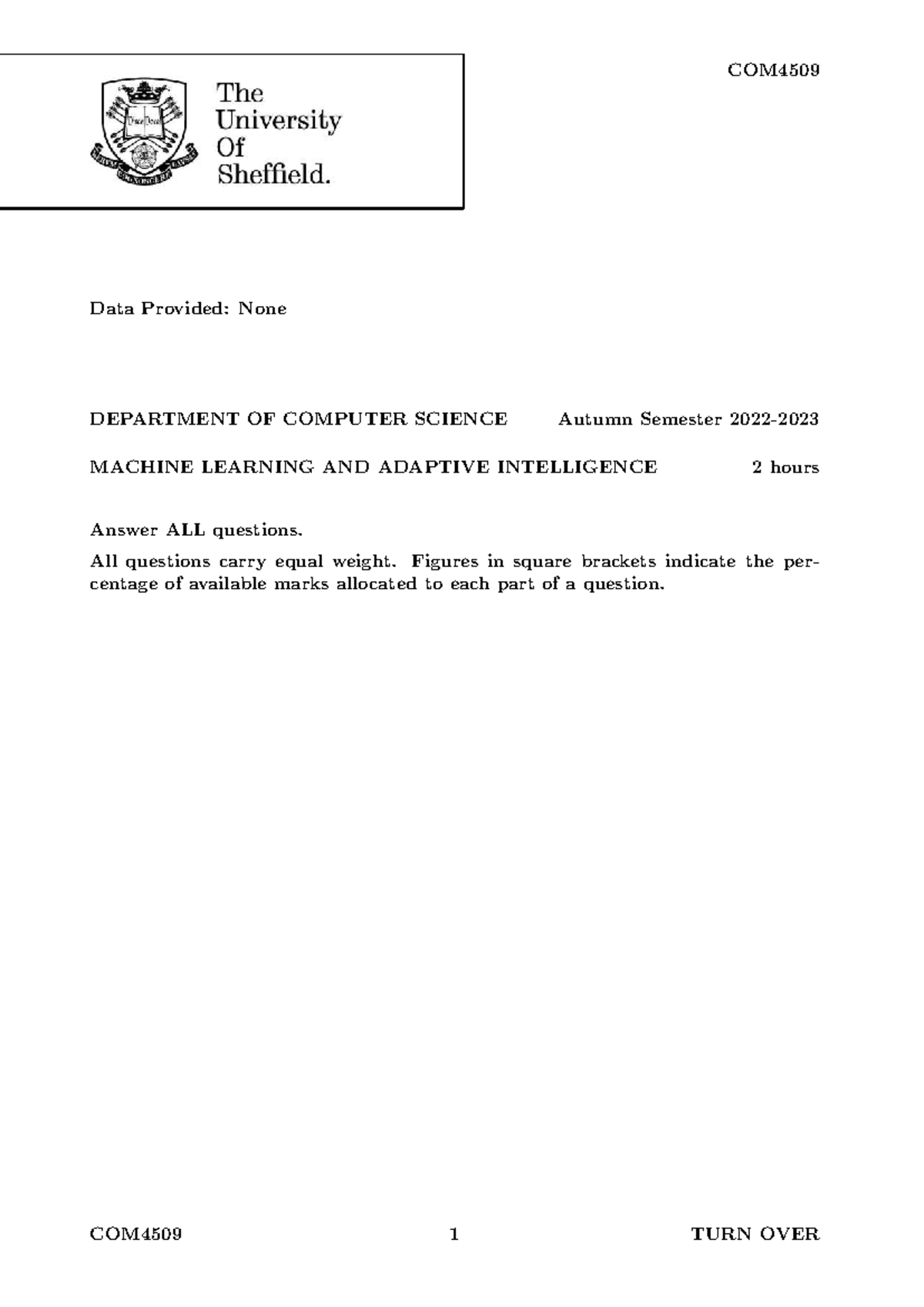 COM4509 Autumn 2022 Machine Learning & Adaptive Intelligence Exam - Studocu