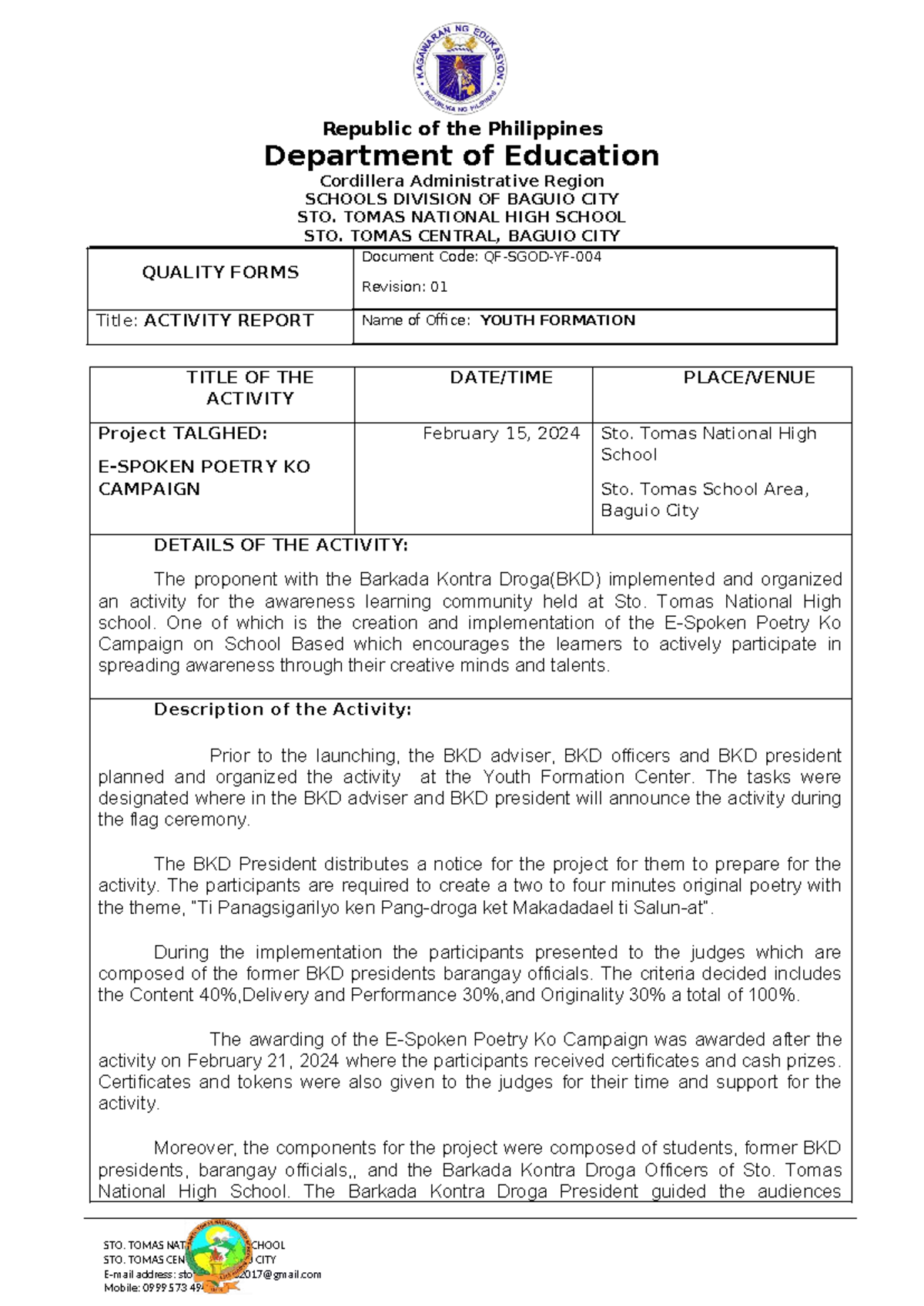 Activity Report: Project TALGHED - Poetry Ko Campaign at STNHS - Studocu