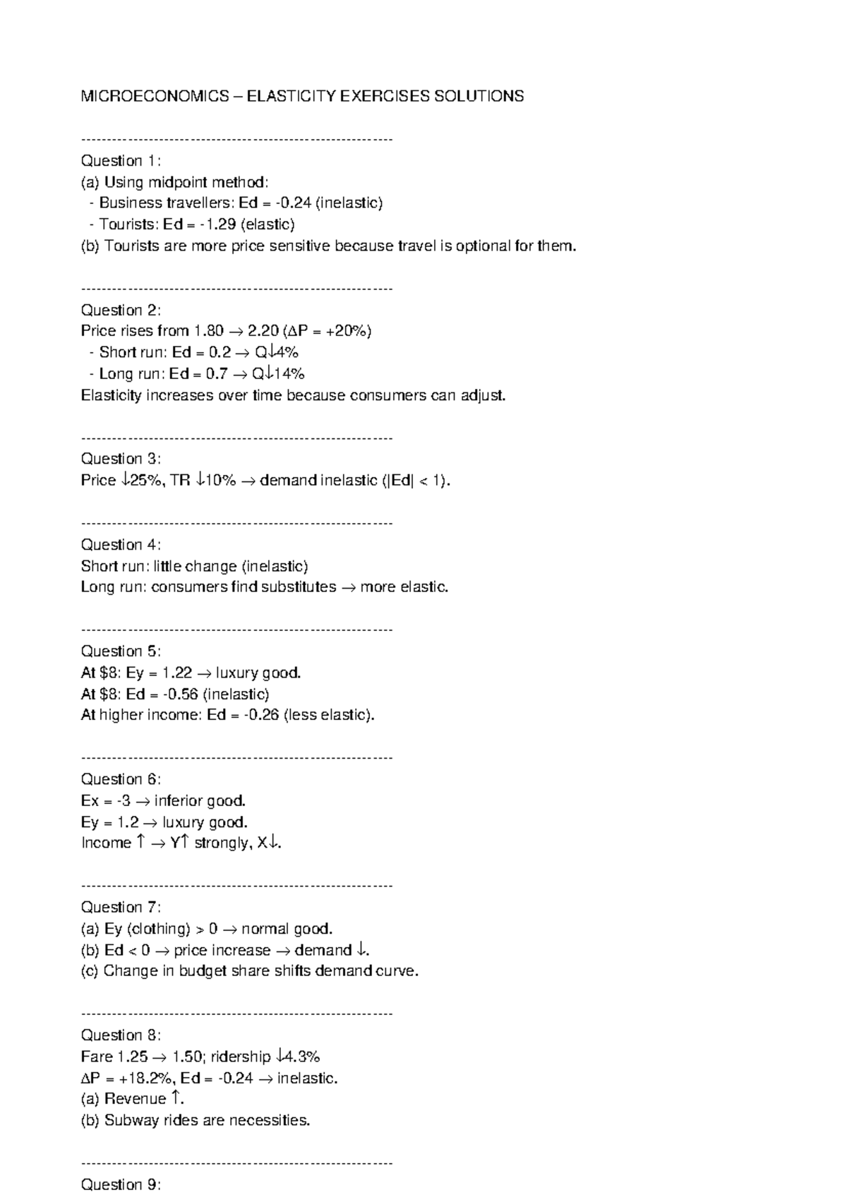 MICROECONOMICS ELASTICITY EXERCISES SOLUTIONS - Studocu
