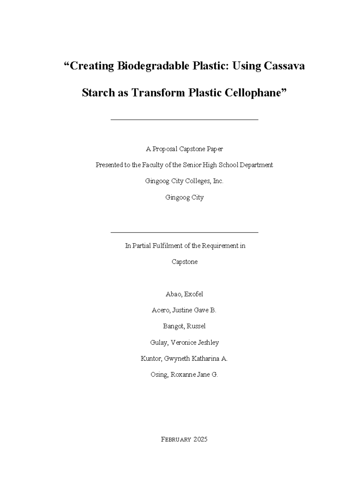 Capstone Proposal: Biodegradable Plastic from Cassava Starch - Studocu