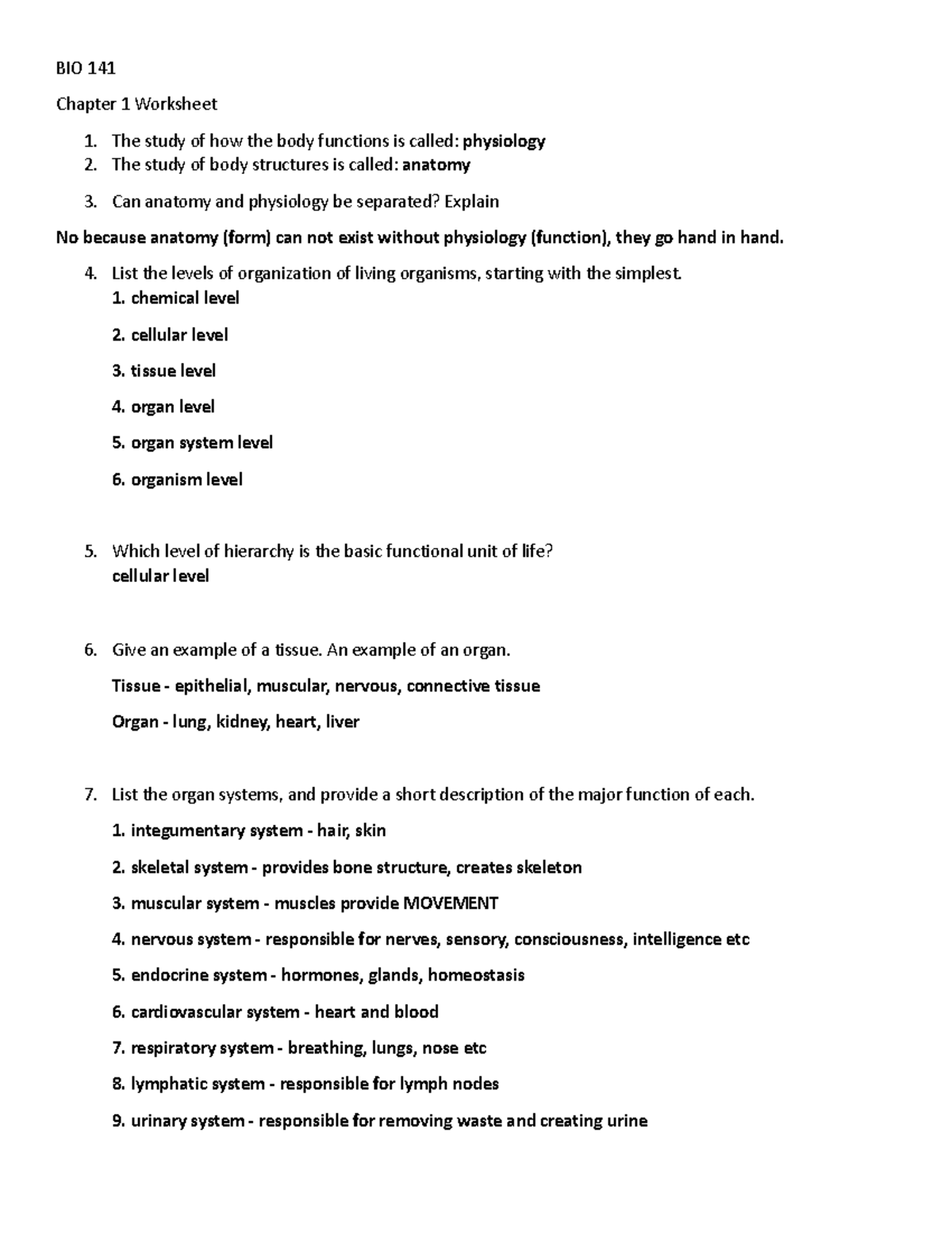 Chapter 1 Worksheet - Lecture notes 1-4 - BIO 141 Chapter 1 Worksheet 1 ...