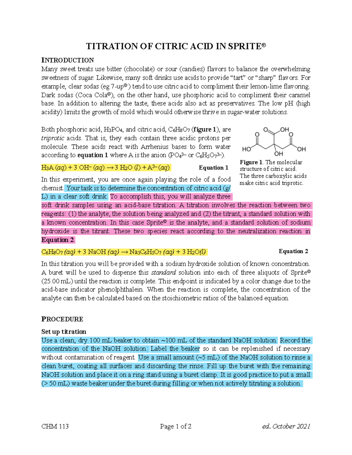 Titration of Citric Acid in Sprite©: CHM 113 Lab Procedure - Studocu
