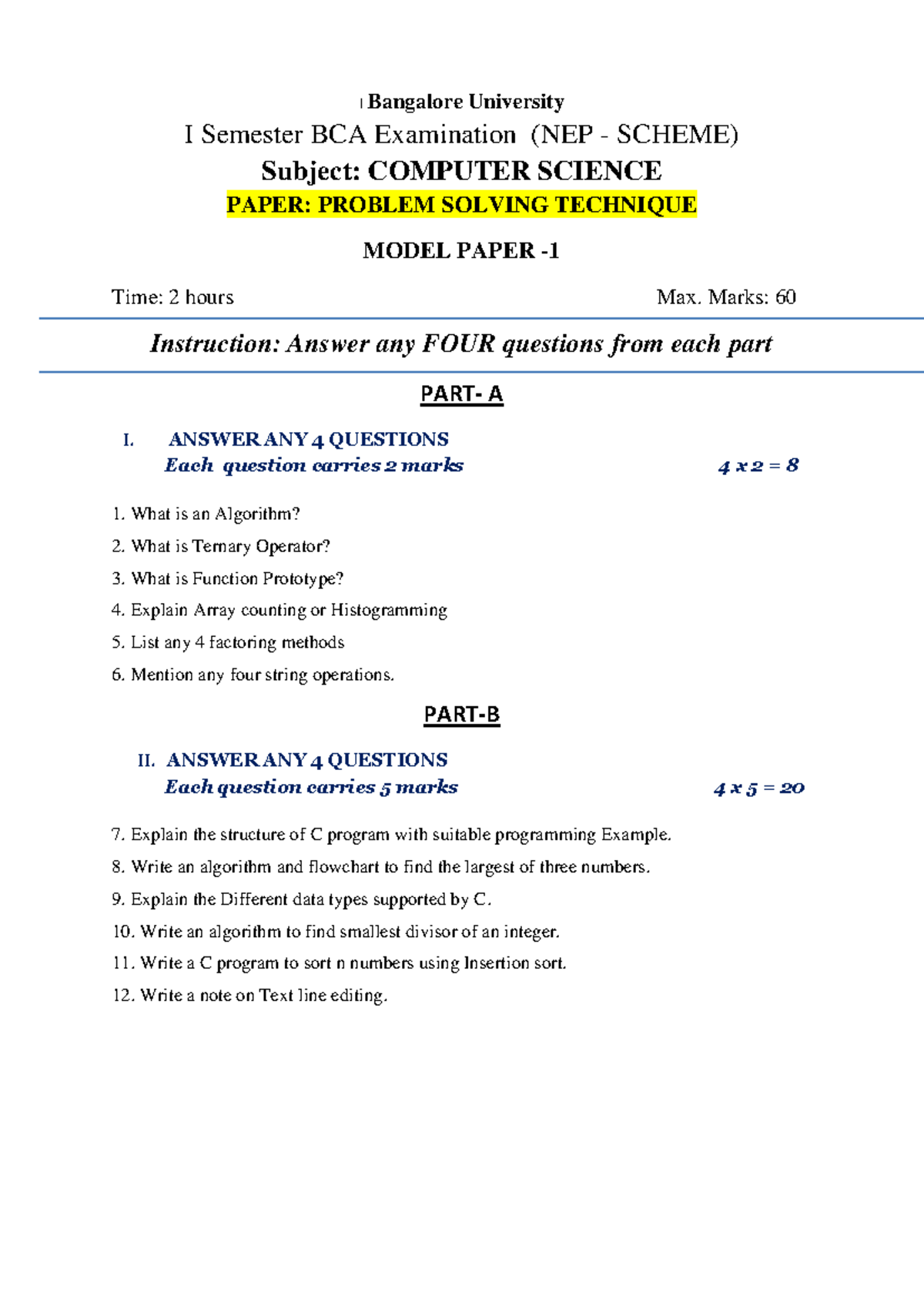 Problem Solving Techniques - Model Paper 1 (BCA I Sem, 60 Marks) - Studocu