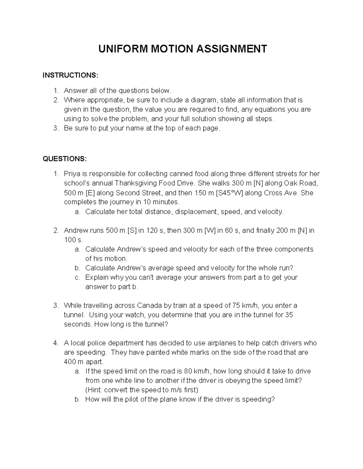 Uniform Motion Assignment Instructions and Questions - Studocu