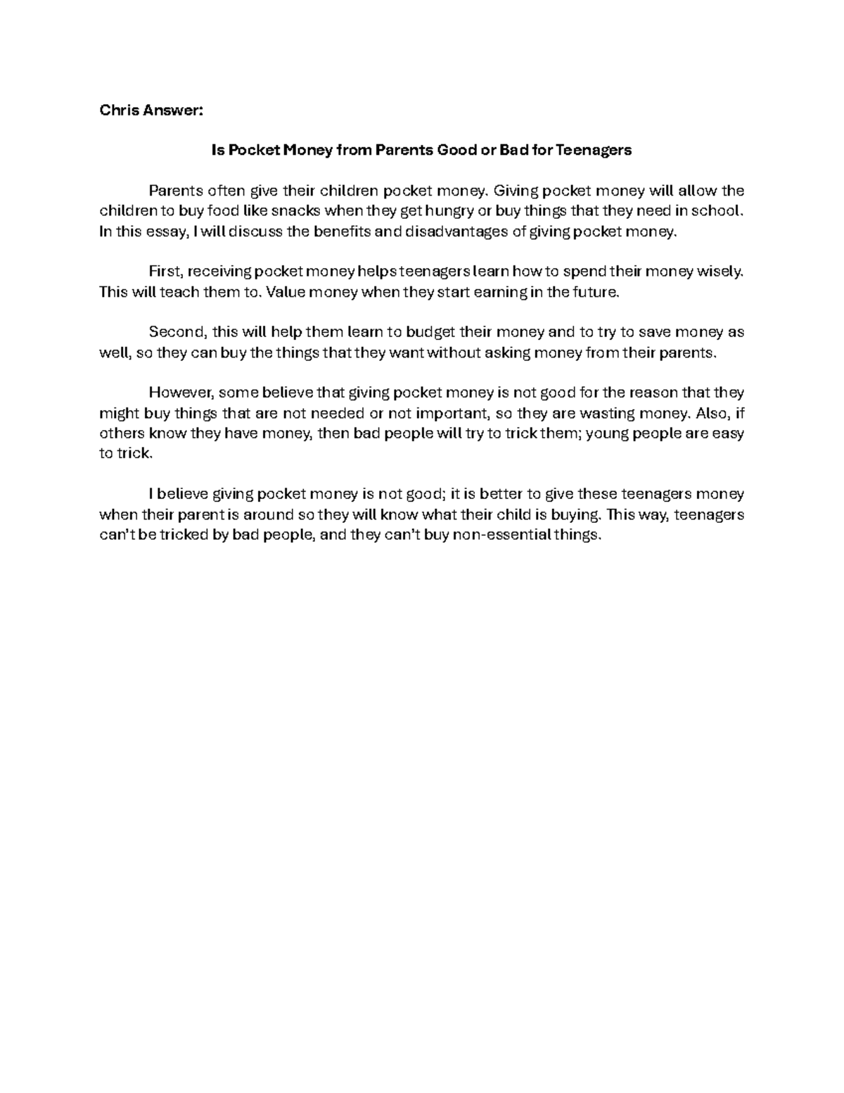 The Pros and Cons of Pocket Money for Teenagers: An Essay Study - Studocu
