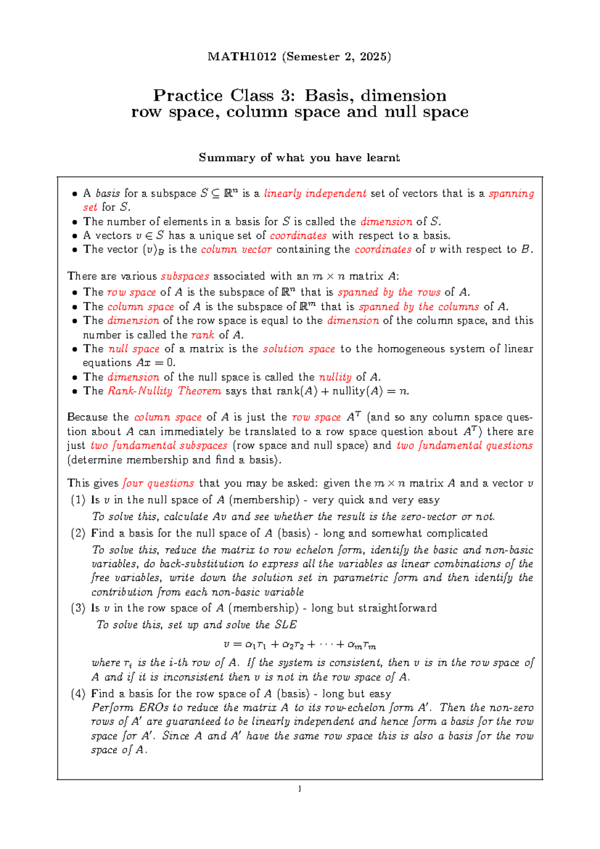 MATH1012 Semester 2, 2025 Practice Class 3: Basis and Subspaces Summary ...