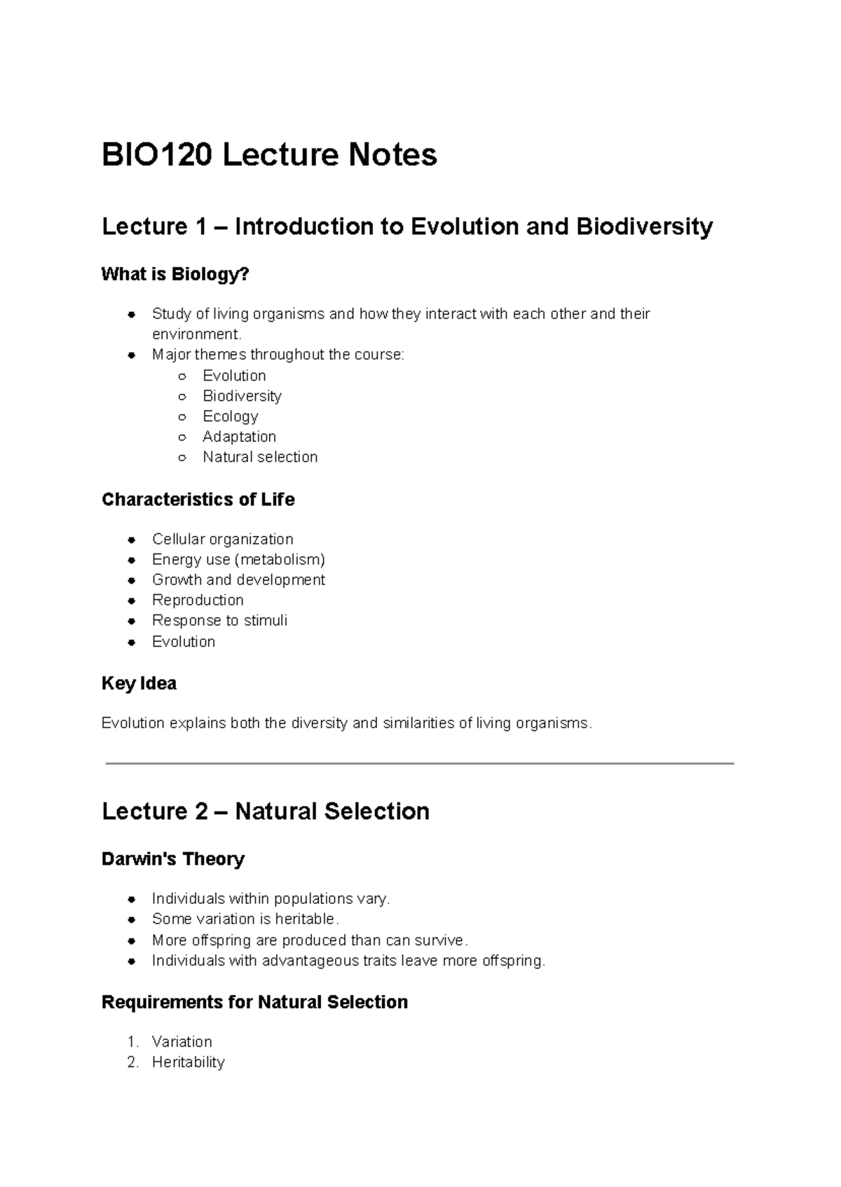 BIO120 Lecture Notes: Evolution, Biodiversity, and Ecology Overview ...