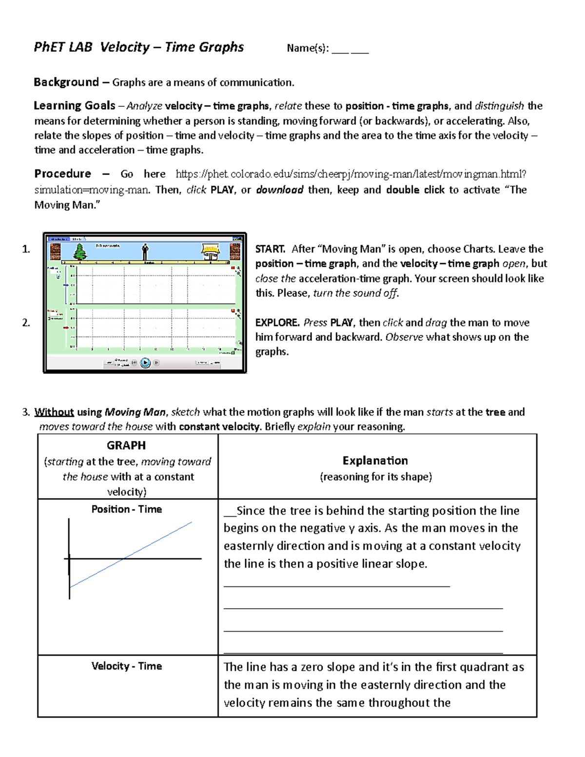 Ph ET LAB velocity time graphs - PhET LAB Velocity – Time Graphs Name(s ...