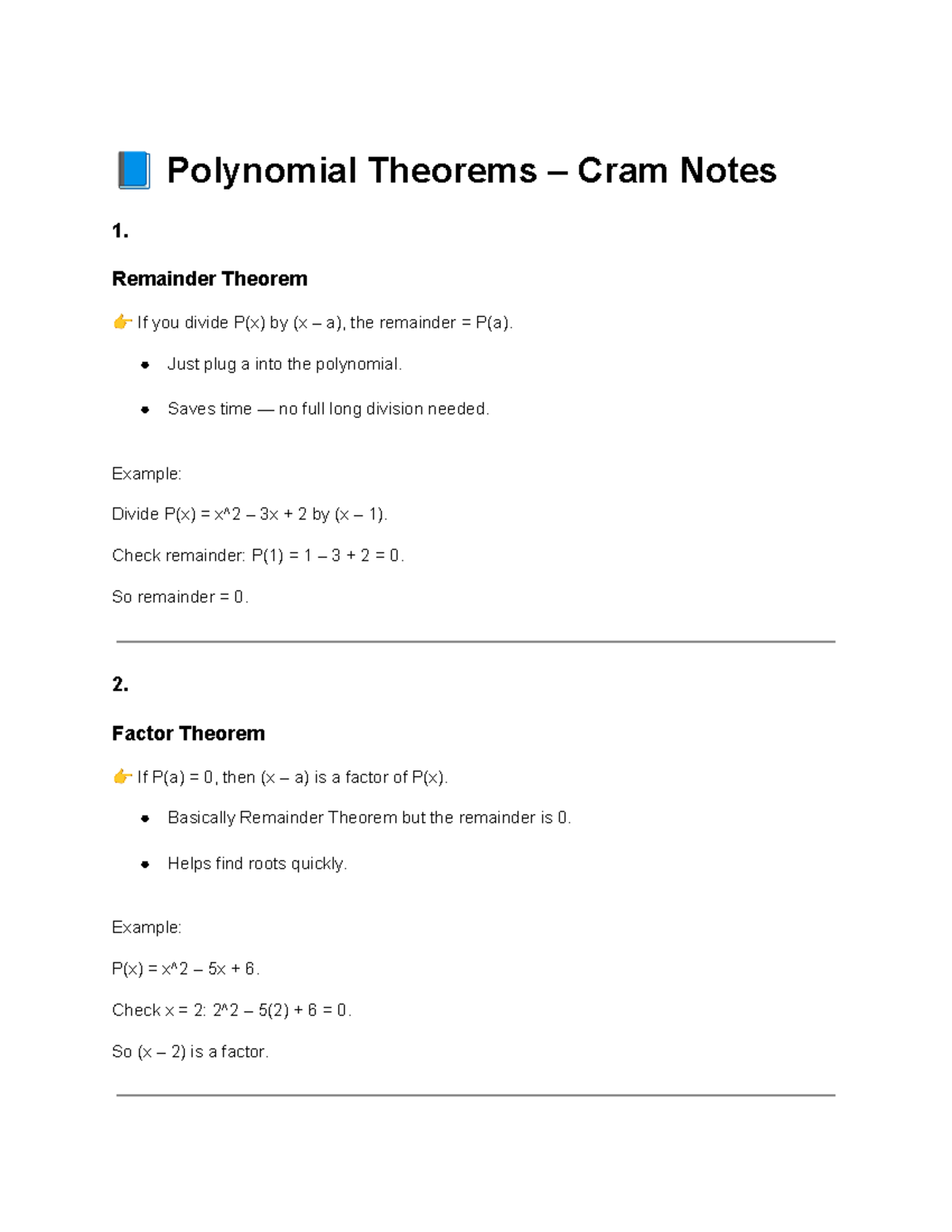 Polynomial Theorems Cram Notes - Unit 1 Overview - Studocu