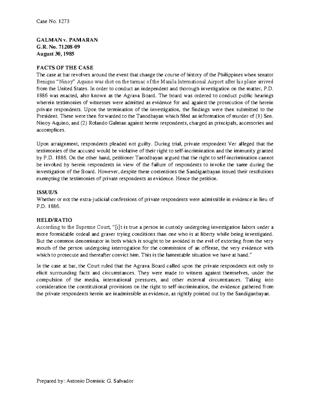 Case Study: GALMAN v. PAMARAN G.R. No. 1273 - Legal Analysis - Studocu