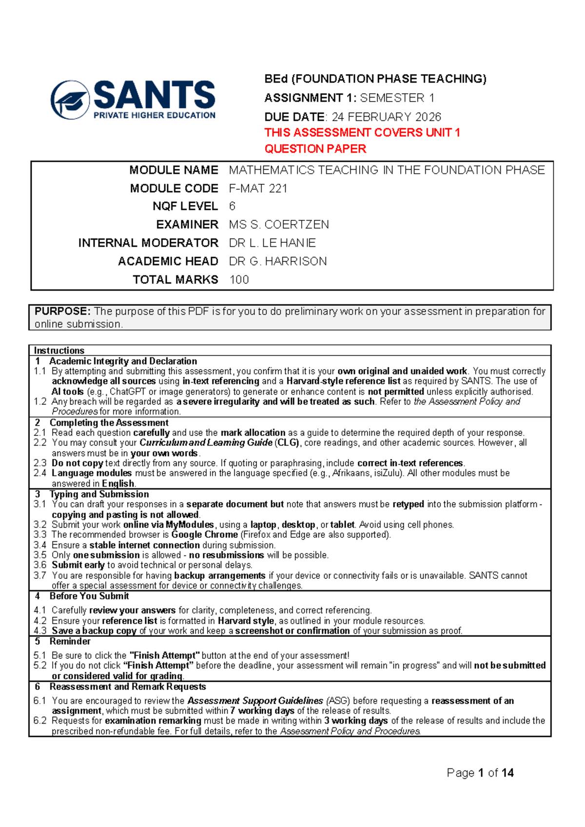 F-MAT 221 Foundation Phase Mathematics Teaching Assignment 1 - Studocu