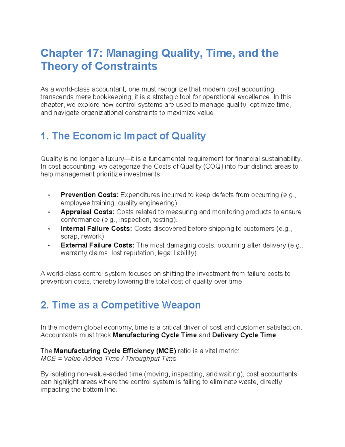 Chapter 17: Quality, Time & Constraints in Cost Accounting - Studocu