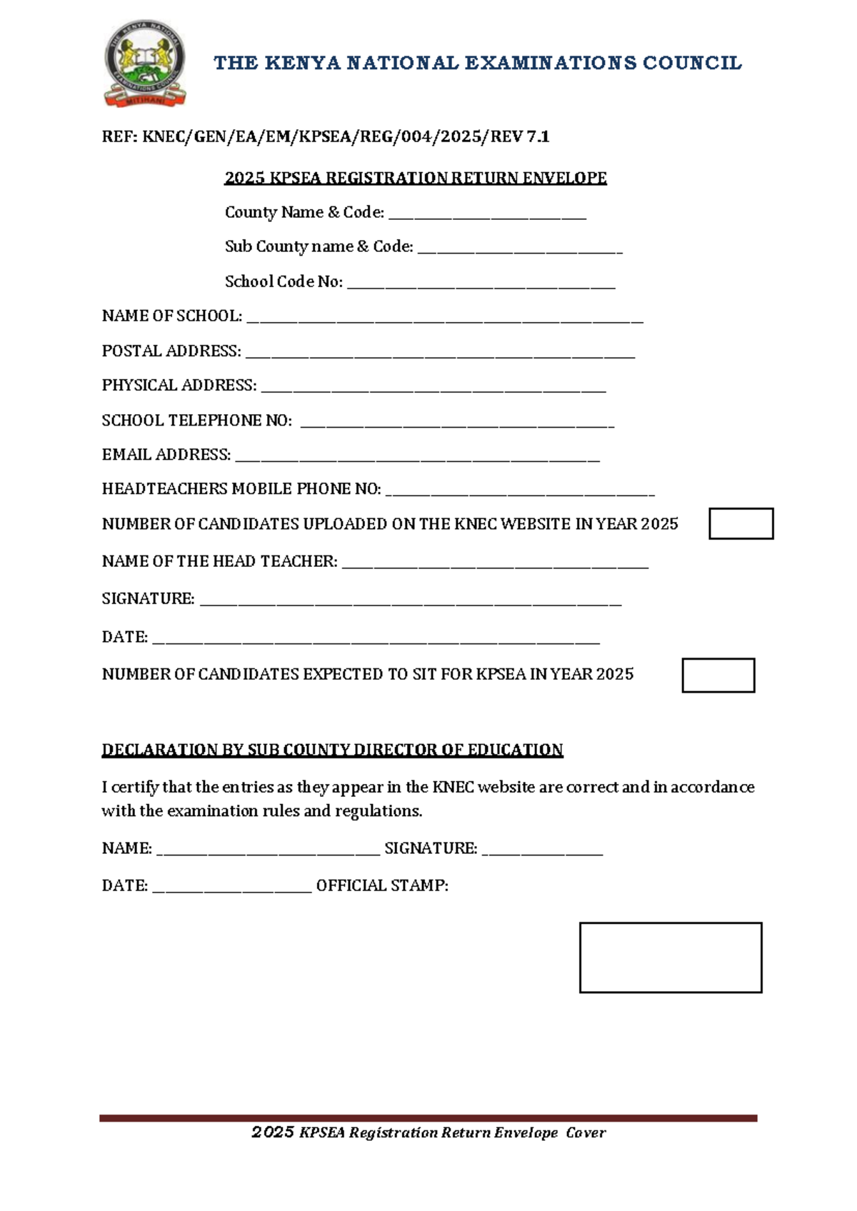2025 KPSEA Registration Return Envelope Cover Document - Studocu