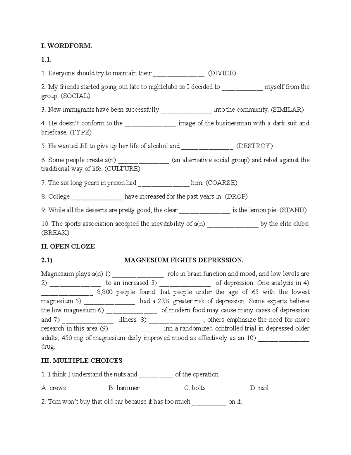 8.1 ADVAND - Word Form and Open Cloze Practice - Studocu