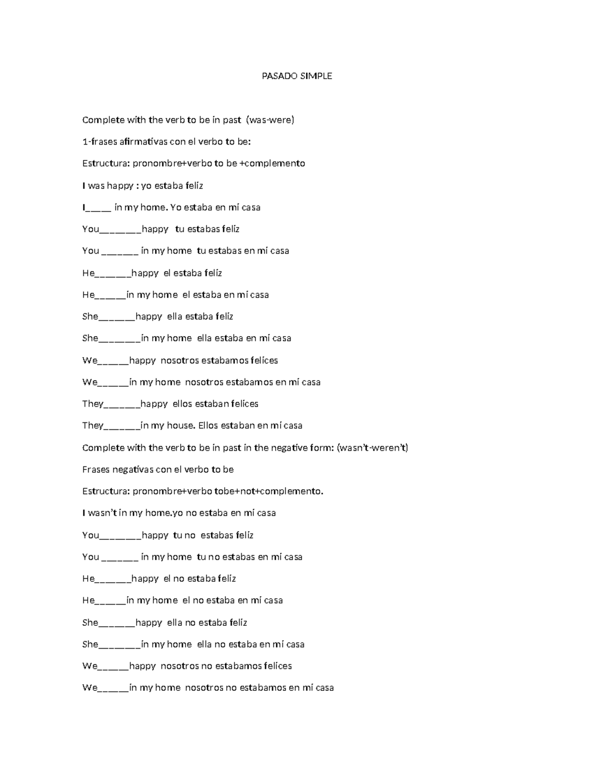 Taller pasado simple - PASADO SIMPLE Complete with the verb to be in ...