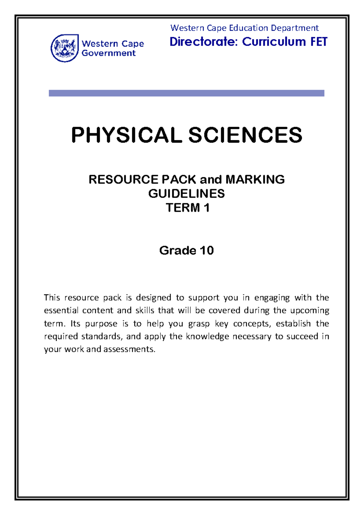 Gr 10 Physical Sciences Resource Pack & Marking Guide 2025 - Studocu