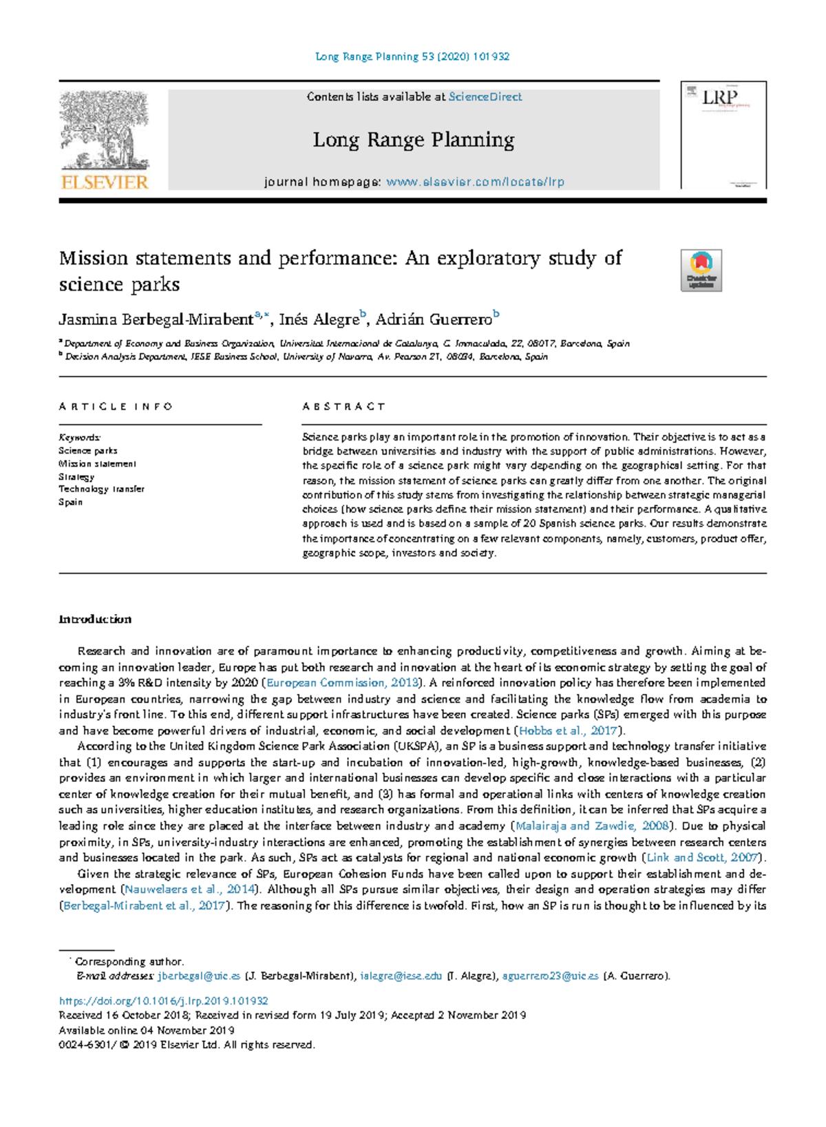 Mission Statements and Performance in Spanish Science Parks: An ...